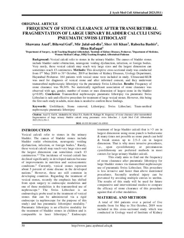 (PDF) Frequency of Stone Clearance After Transurethral Fragmentation of ...