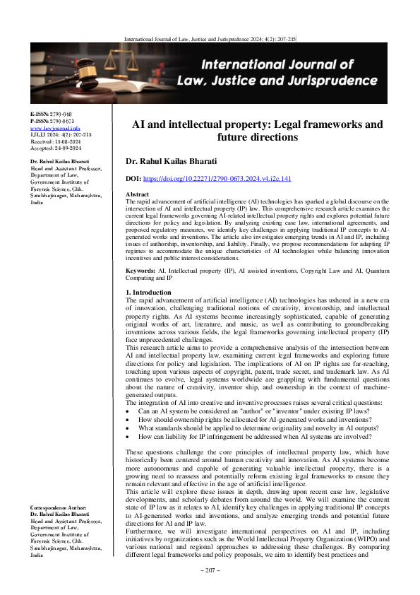 (PDF) AI and intellectual property: Legal frameworks and future directions