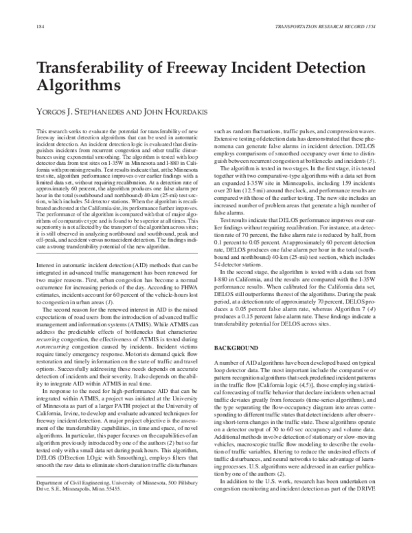 (PDF) Transferability of Freeway Incident Detection Algorithms