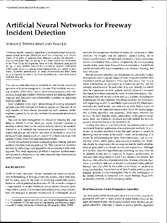 (PDF) Artificial Neural Networks for Freeway Incident Detection