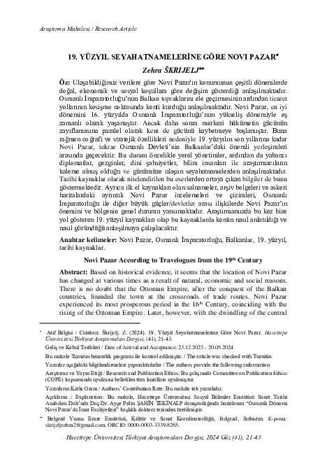 (PDF) 19. Yüzyıl Seyahatnamelerine Göre Novi Pazar - Zehra ŠKRIJELJ
