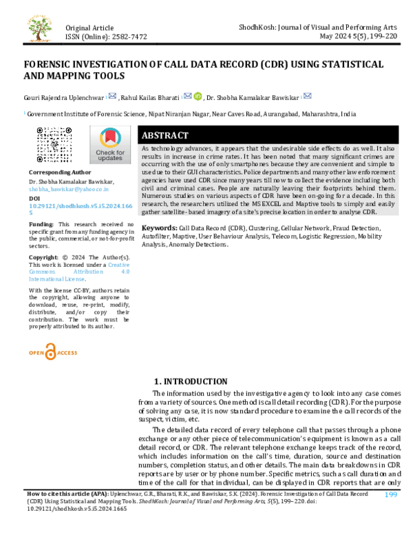 (PDF) FORENSIC INVESTIGATION OF CALL DATA RECORD (CDR) USING STATISTICAL AND MAPPING TOOLS
