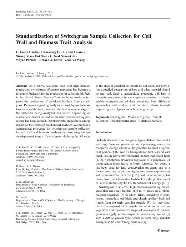 (PDF) Standardization of Switchgrass Sample Collection for Cell Wall ...