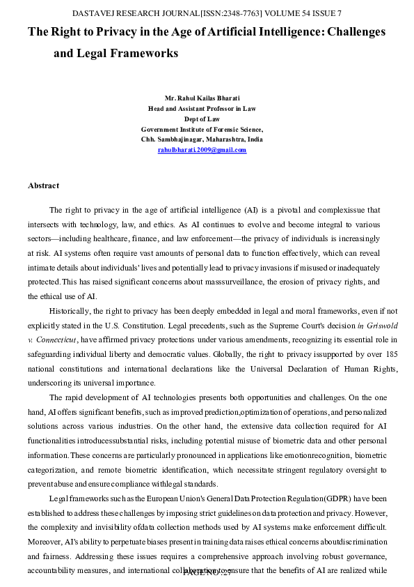 (PDF) The Right to Privacy in the Age of Artificial Intelligence: Challenges and Legal Frameworks