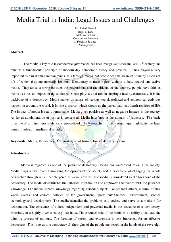 (PDF) Media Trial in India: Legal Issues and Challenges