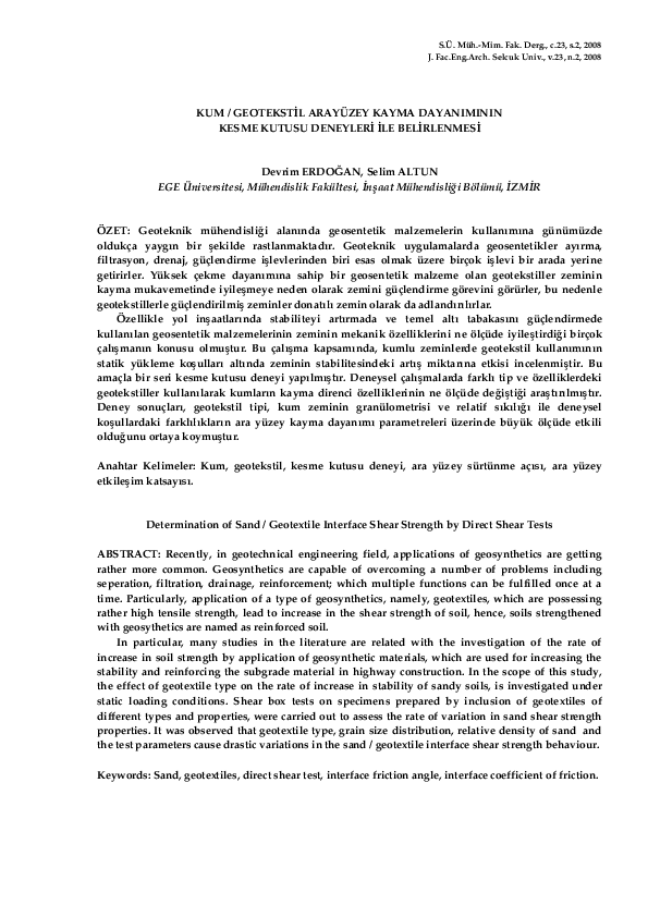 (PDF) Determination of Sand / Geotextile Interface Shear Strength by ...