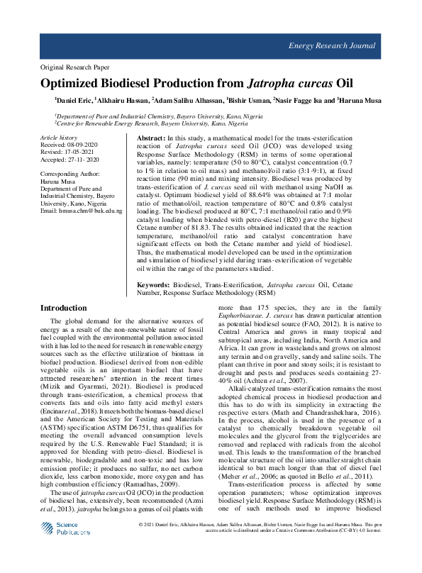 (PDF) Optimized Biodiesel Production from jatropha curcas oil