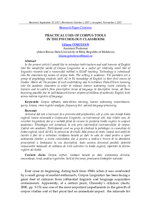 (PDF) Practical Uses of Corpus Tools in the Psychology Classroom