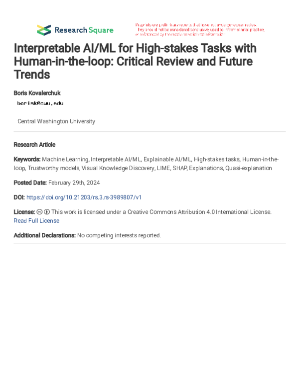 Pdf Interpretable Ai Ml For High Stakes Tasks With Human In The Loop Critical Review And