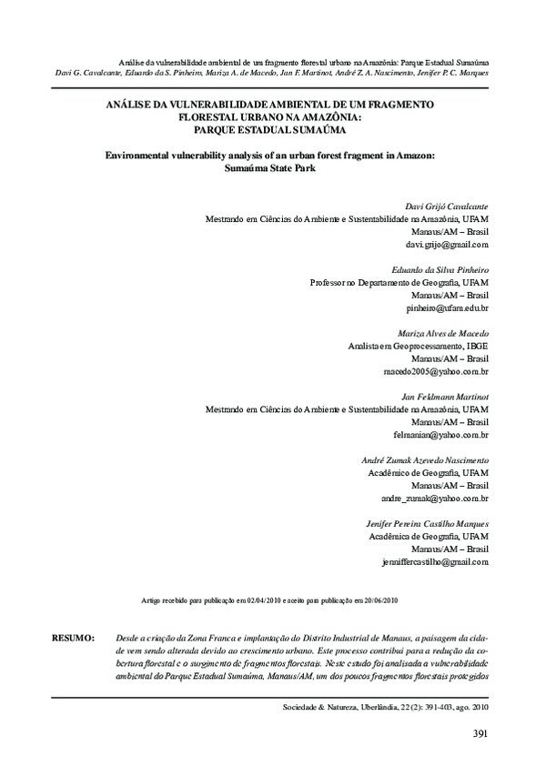 (PDF) Análise da vulnerabilidade ambiental de um fragmento florestal ...