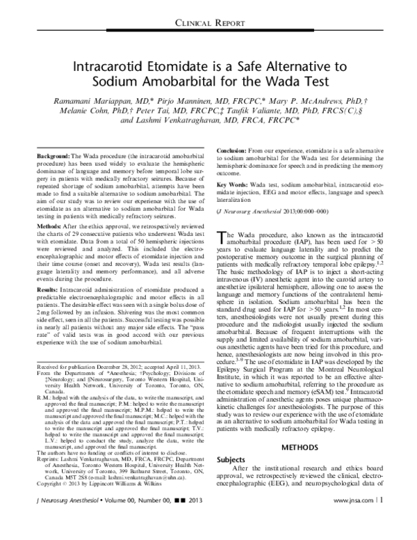 (PDF) Intracarotid Etomidate is a Safe Alternative to Sodium ...