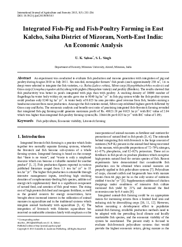 (PDF) Integrated Fish-Pig and Fish-Poultry Farming in East Kalcho, Saiha District of Mizoram ...