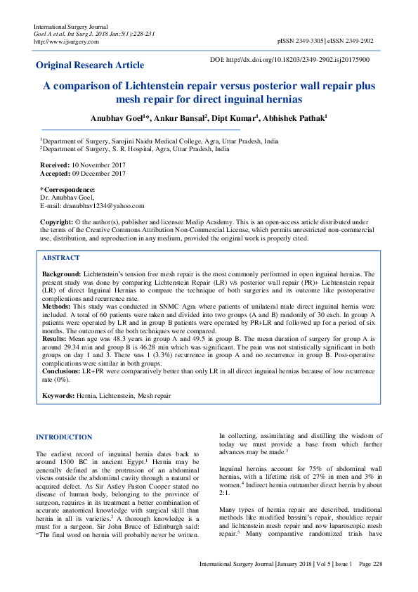 (PDF) A comparison of Lichtenstein repair versus posterior wall repair plus mesh repair for ...