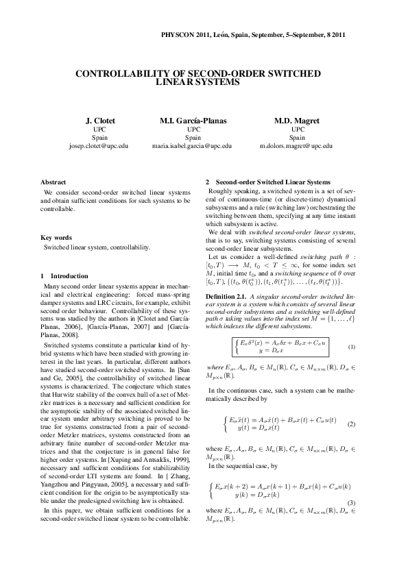 Pdf Controllability Of Second Order Switched Linear Systems