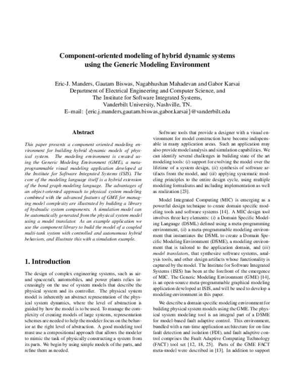 (PDF) Component-oriented modeling of hybrid dynamic systems using the Generic Modeling Environment