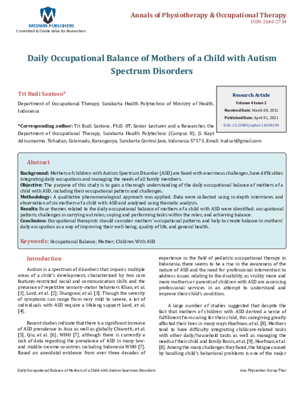 (PDF) Daily Occupational Balance of Mothers of a Child with Autism ...