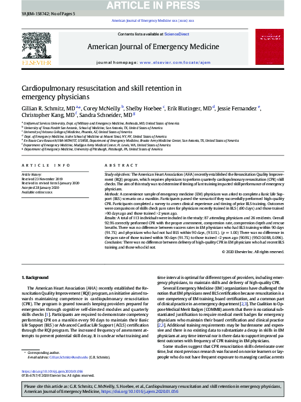 (PDF) Cardiopulmonary resuscitation and skill retention in emergency ...