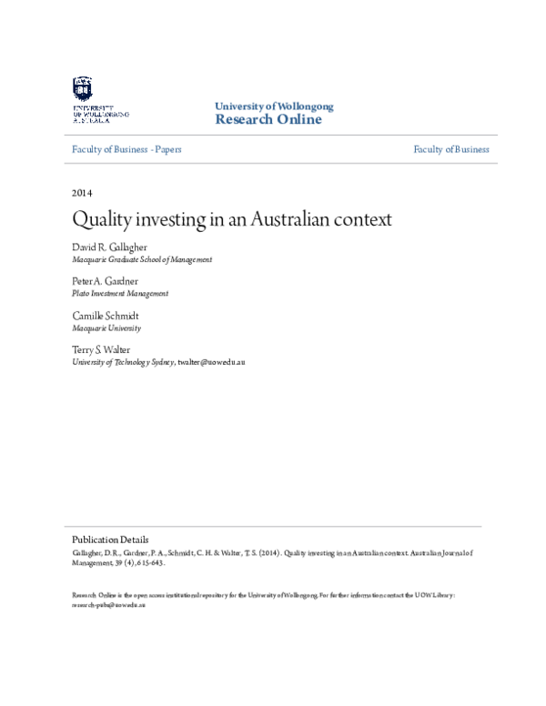 (PDF) Quality investing in an Australian context