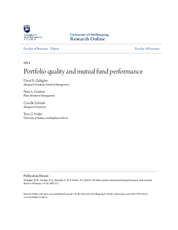 (PDF) Portfolio Quality and Mutual Fund Performance