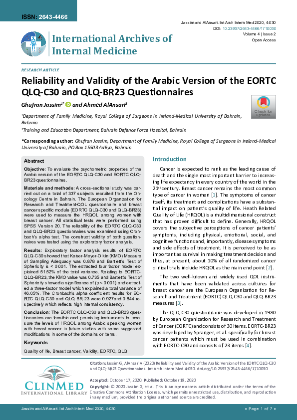 (PDF) Reliability and Validity of the Arabic Version of the EORTC QLQ-C30 and QLQ-BR23 ...