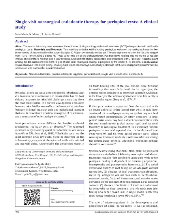 (PDF) Single visit nonsurgical endodontic therapy for periapical cysts: A clinical study