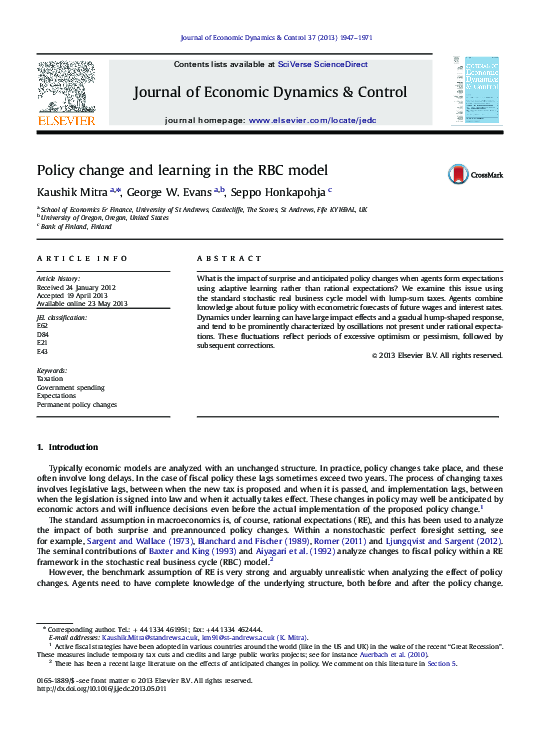 (PDF) Policy change and learning in the RBC model | Seppo Honkapohja ...