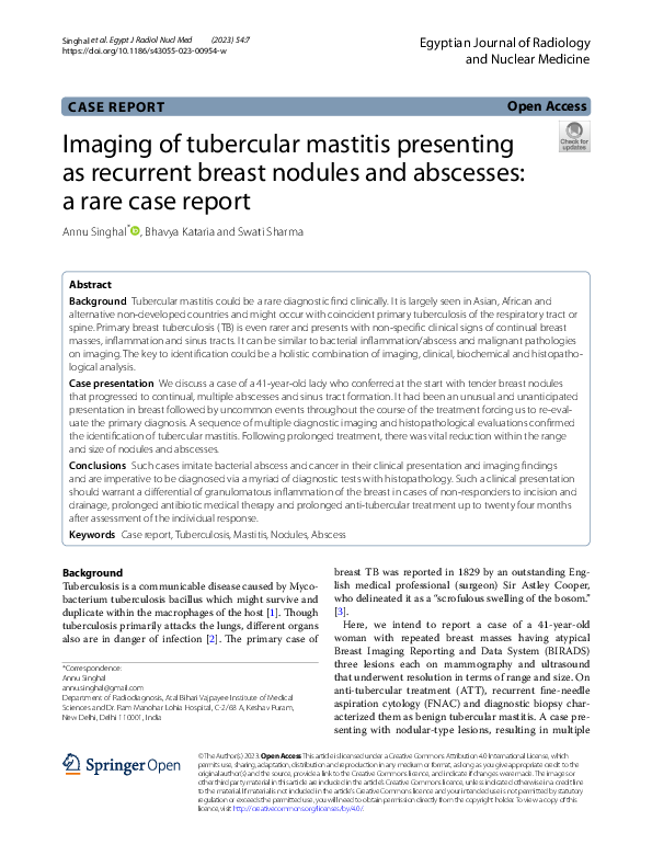 (PDF) Tubercular Mastitis: Imaging and Case Presentation of Abscesses