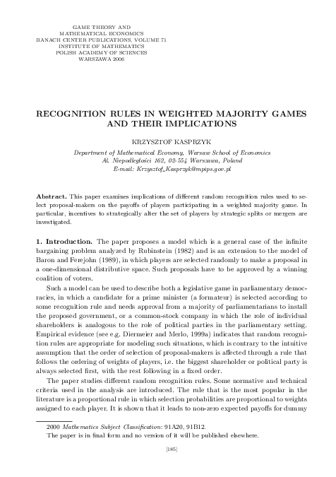 (PDF) Recognition rules in weighted majority games and their implications