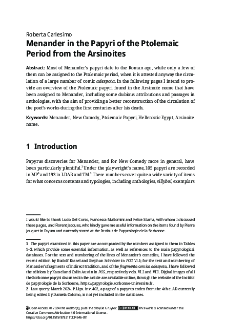 (PDF) Menander in the Papyri of the Ptolemaic Period from the Arsinoites