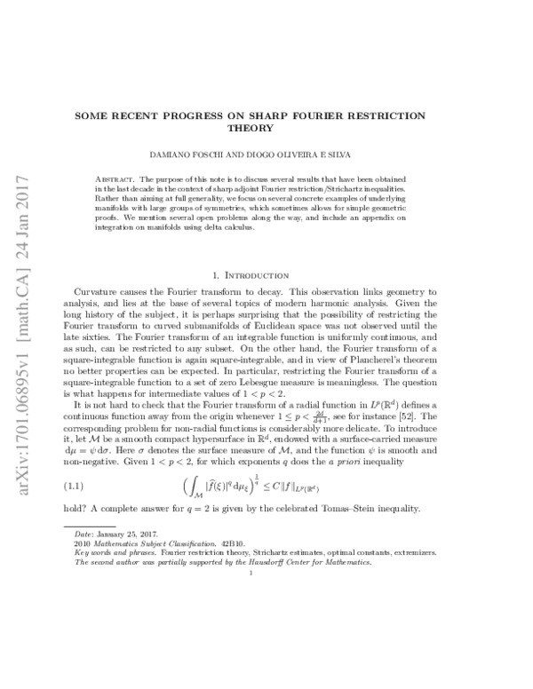 Pdf Some Recent Progress On Sharp Fourier Restriction Theory