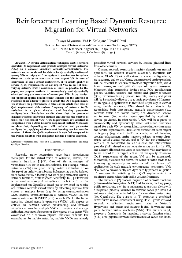 (PDF) Reinforcement learning based dynamic resource migration for virtual networks | Ved P Kafle ...