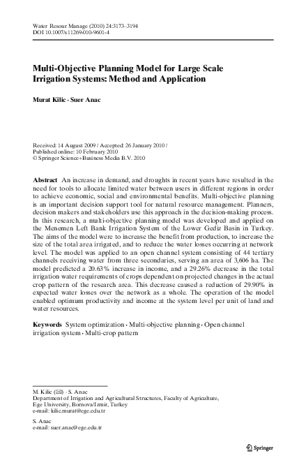 (PDF) Multi-Objective Planning Model for Large Scale Irrigation Systems: Method and Application