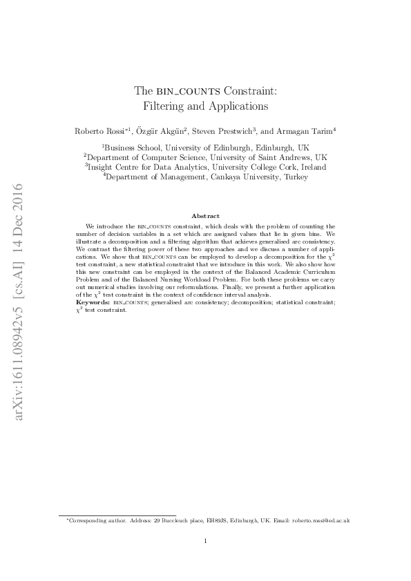 (PDF) The BIN_COUNTS Constraint: Filtering and Applications
