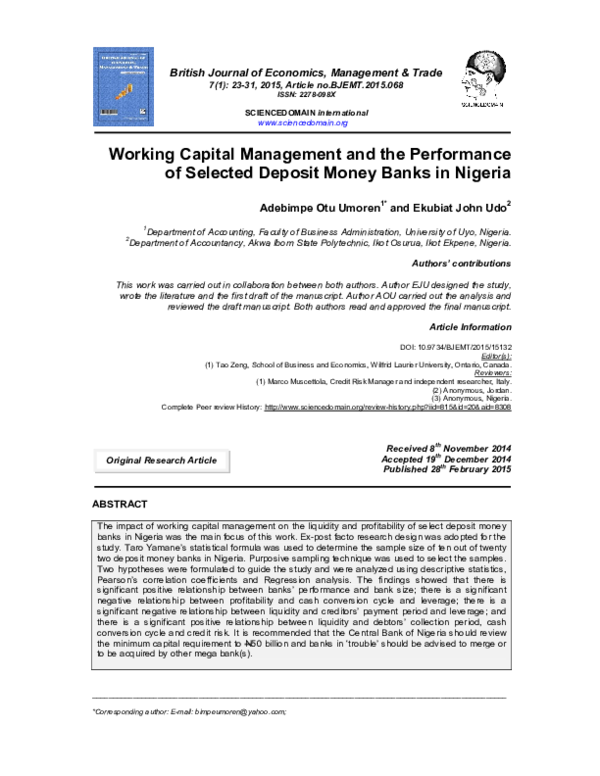(PDF) Working Capital Management and the Performance of Selected Deposit Money Banks in Nigeria