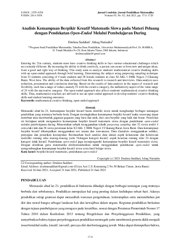 (PDF) Analisis Kemampuan Berpikir Kreatif Matematis Siswa pada Materi Peluang dengan Pendekatan ...