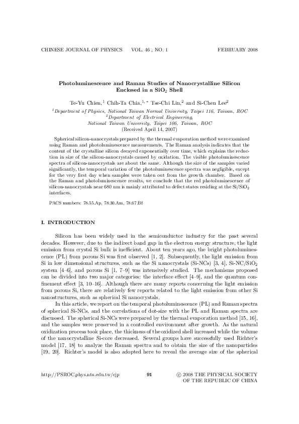 (PDF) Photoluminescence and Raman Studies of Nanocrystalline Silicon Enclosed in a SiO2 Shell