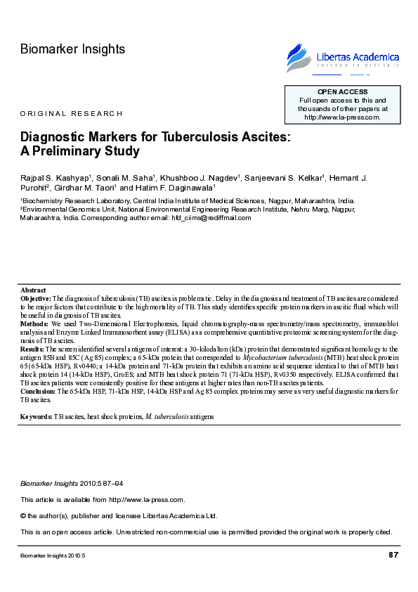 (PDF) Diagnostic Markers for Tuberculosis Ascites: A Preliminary Study