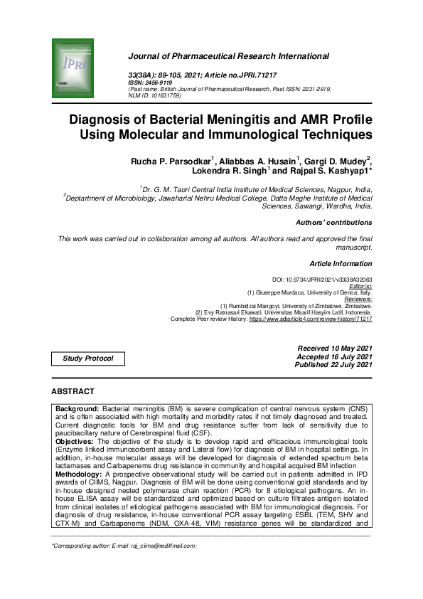 (PDF) Diagnosis of Bacterial Meningitis and AMR Profile Using Molecular ...