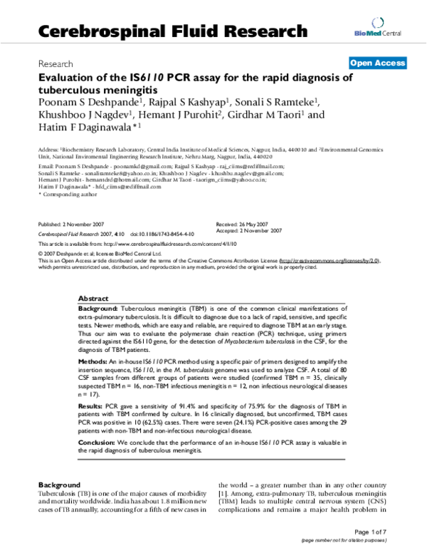 (PDF) Evaluation of the IS6110 PCR assay for the rapid diagnosis of ...