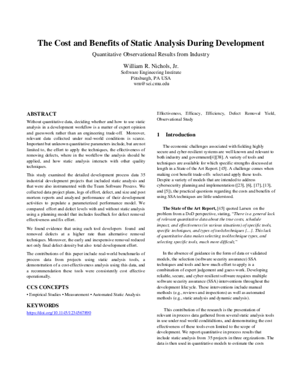 (PDF) The Cost and Benefits of Static Analysis During Development