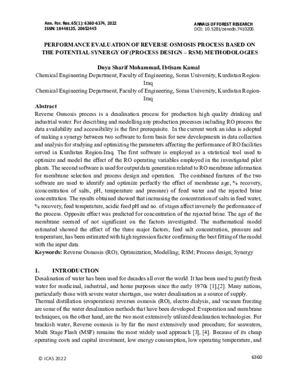 (PDF) Performance Evaluation of Reverse Osmosis Process Based on the Potential Synergy of ...