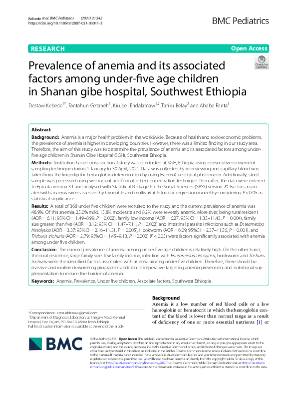 (PDF) Prevalence of anemia and its associated factors among under-five ...