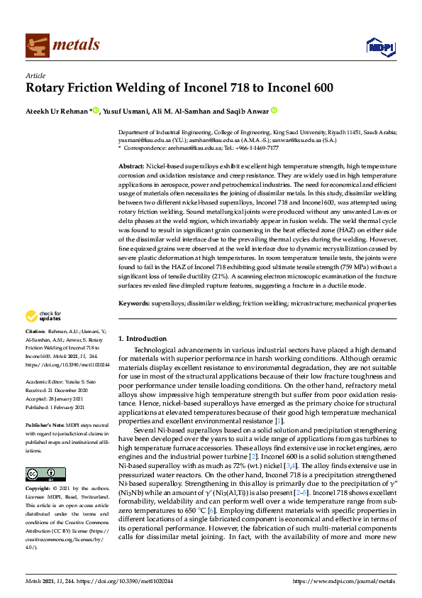 (PDF) Rotary Friction Welding of Inconel 718 to Inconel 600