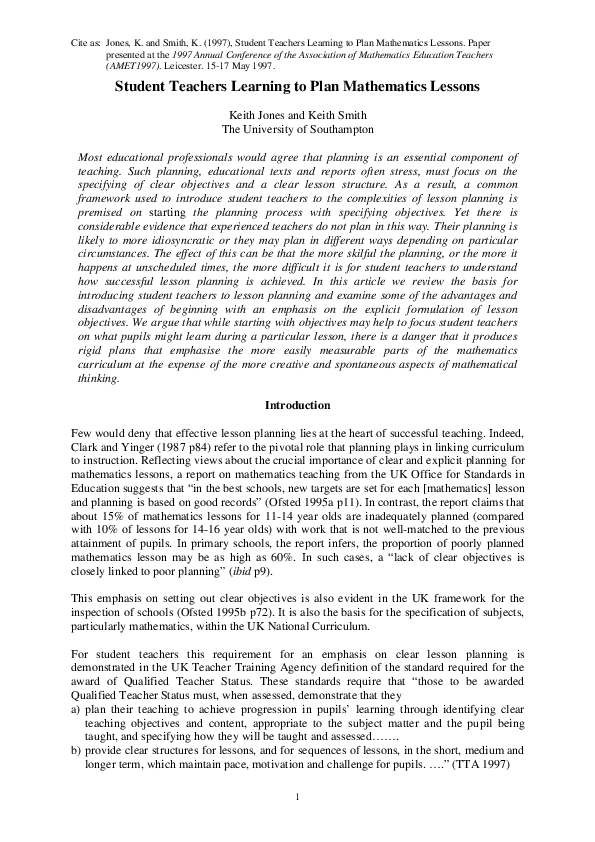 (PDF) Student Teachers Learning to Plan Mathematics Lessons