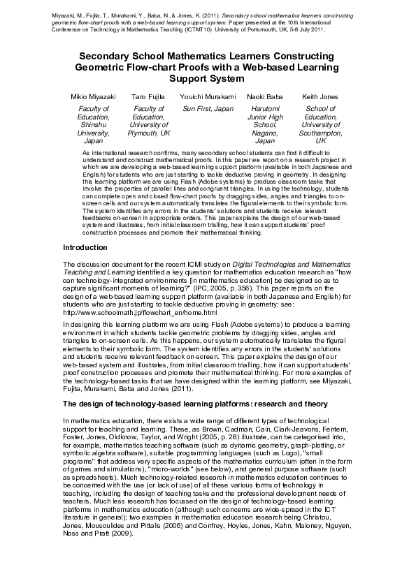 (PDF) Secondary school mathematics learners constructing geometric flow-chart proofs with a web ...