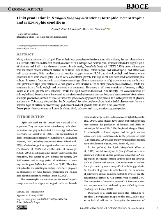 (PDF) Lipid production in Dunaliella bardawil under autotrophic, heterotrophic and mixotrophic ...