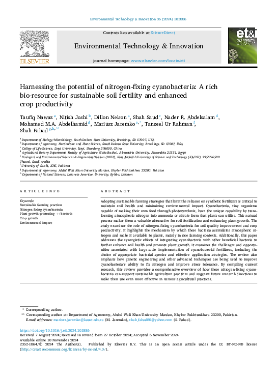 (PDF) Harnessing the potential of nitrogen-fixing cyanobacteria: A rich bio-resource for ...