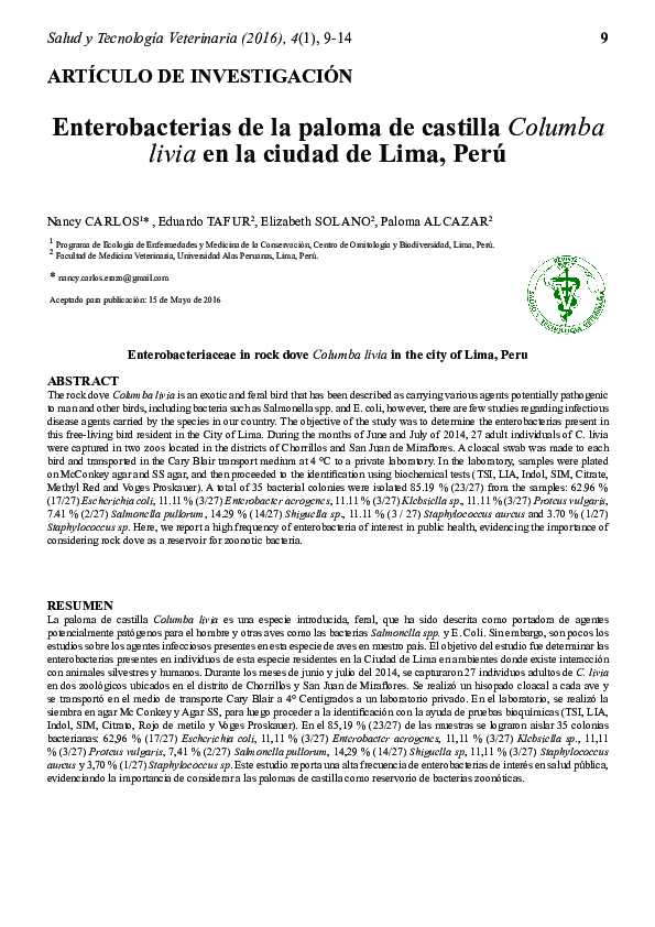 (PDF) Enterobacterias de la paloma de castilla Columba livia en la ...