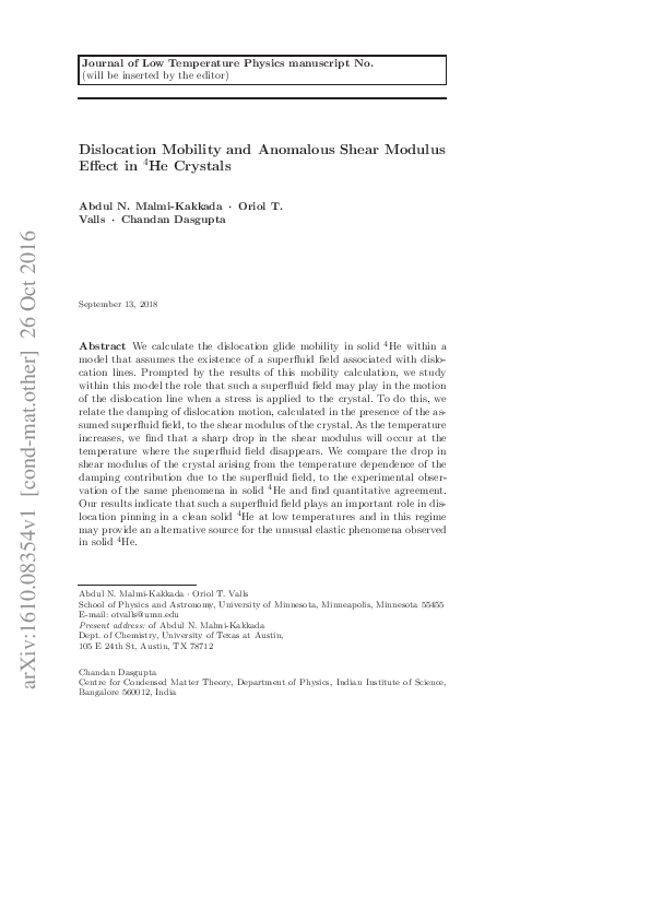(PDF) Dislocation Mobility and Anomalous Shear Modulus Effect in $$^4$$ 4 He Crystals | Oriol T ...