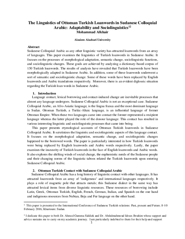 (PDF) The Linguistics of Ottoman Turkish Loanwords in Sudanese ...